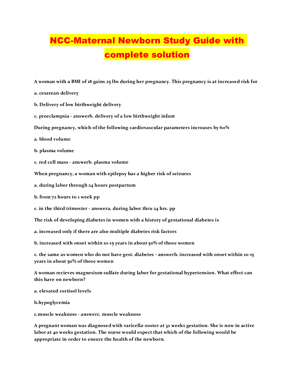 NCC-Maternal Newborn Study Guide with complete solution - Scholarfriends